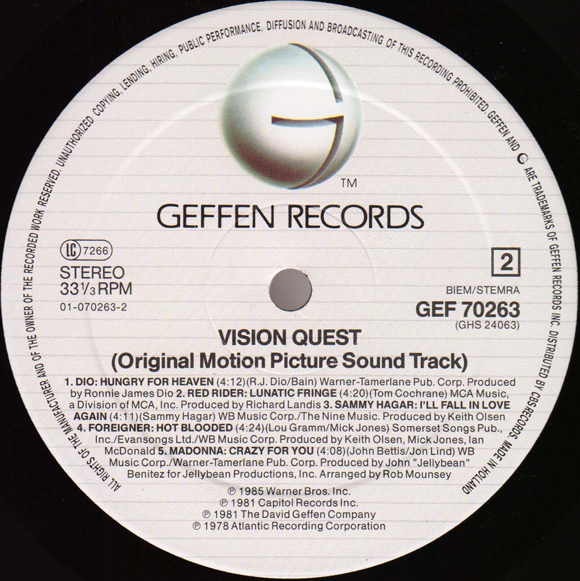 Tapio's Ronnie James Dio Pages: Vision Quest Soundtrack LP Discography