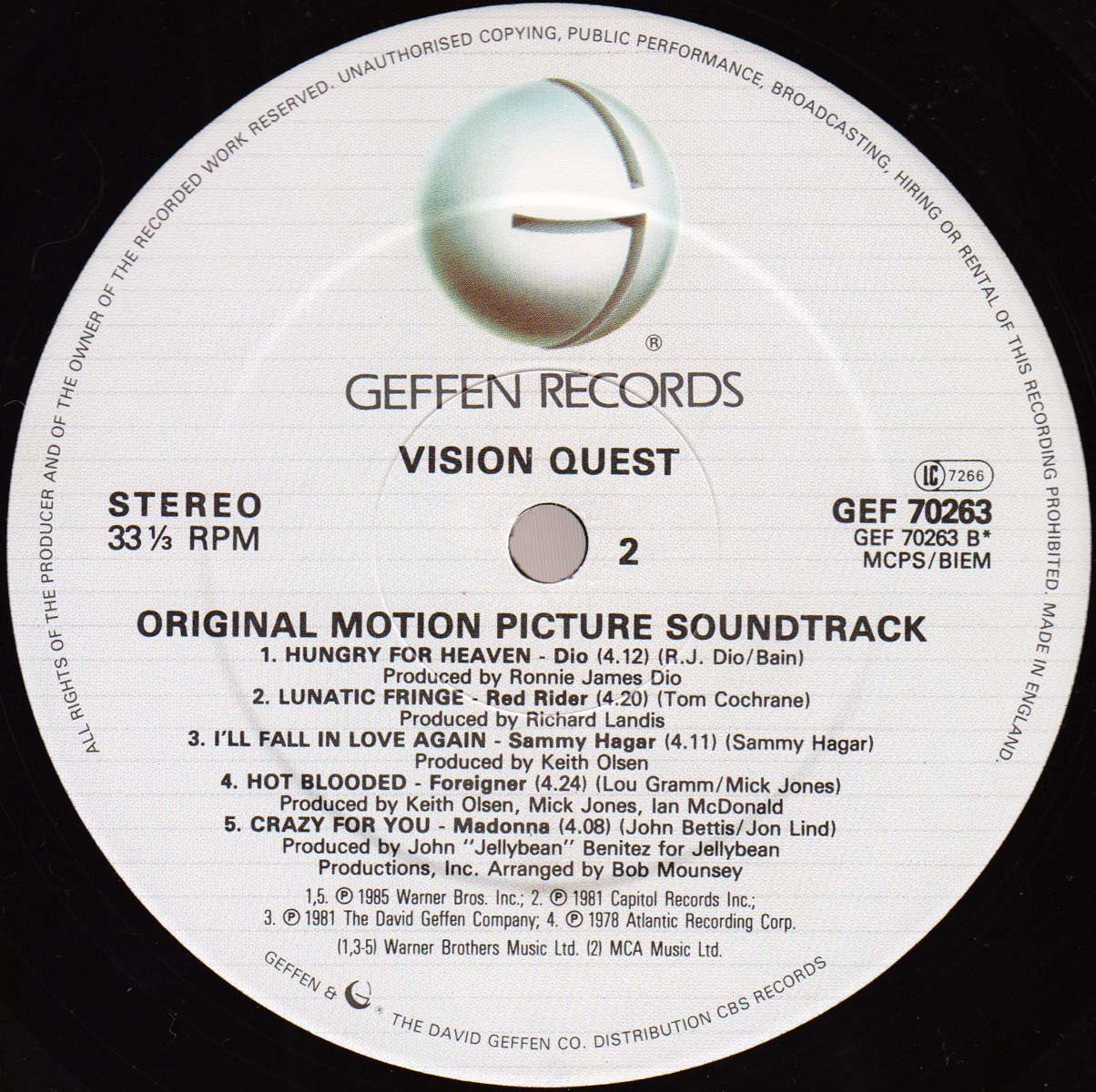 Tapio's Ronnie James Dio Pages: Vision Quest Soundtrack LP Discography